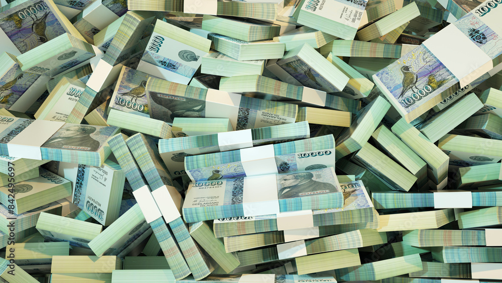 3D rendering of pile of stacks of Icelandic krona notes spread on ...