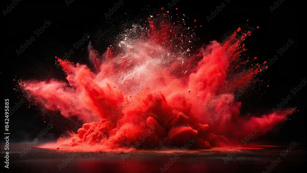 A vibrant cloud of red powder explodes against a stark black background ...