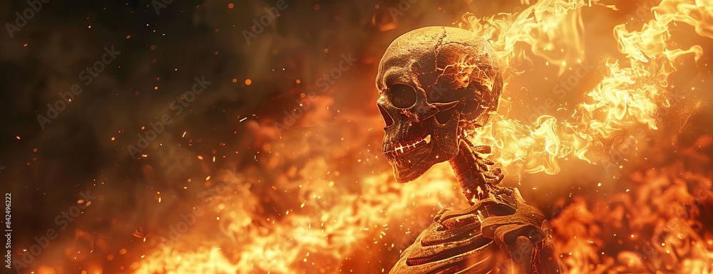 Terrifying side profile of a horror figure, a demonic skeleton blazing ...