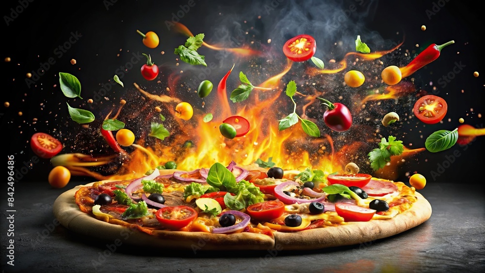 Exploding pizza toppings with a colorful mix of fresh vegetables, pizza ...