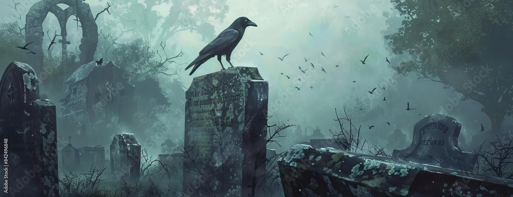 Tilted angle perspective, vigilant crow standing atop crumbling ...