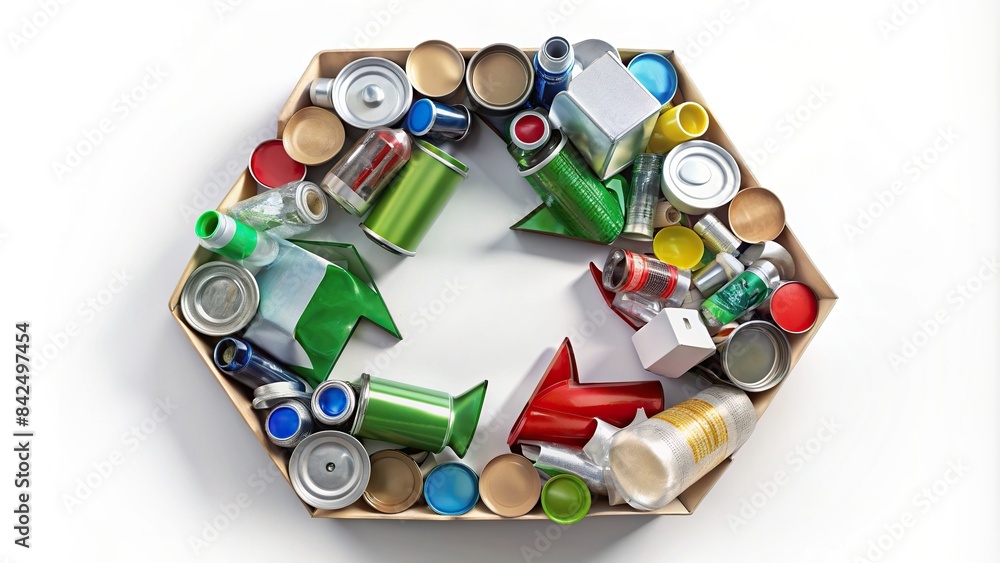 A stylized recycling logo formed by various recyclable items like ...