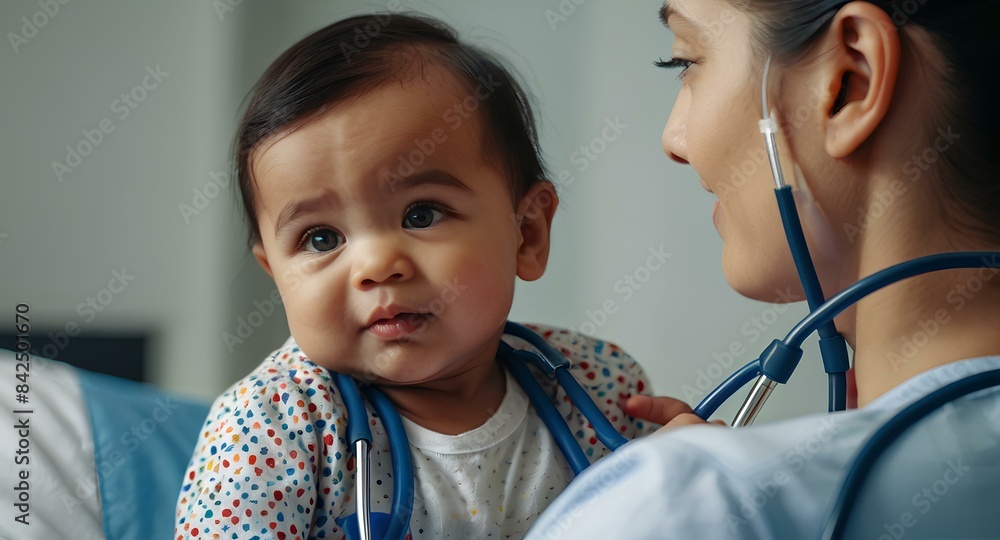 Mother, baby and stethoscope of pediatrician for healthcare consulting ...