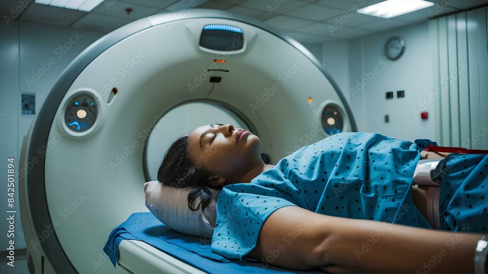 Patient is lying down at CT scanner bed. Female is moving into MRI ...