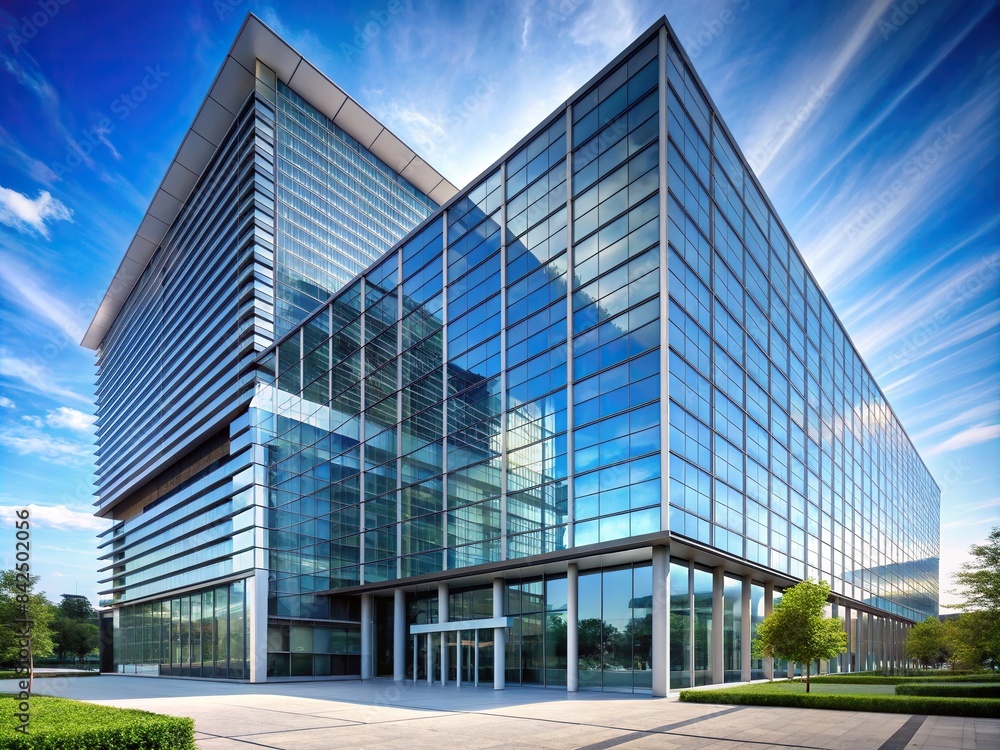 Modern high-rise office building with sleek glass curtain wall design ...