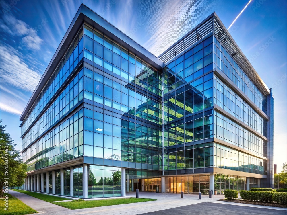 Modern high-rise office building with sleek glass curtain wall design ...