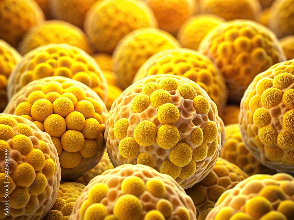 ภาพประกอบสต็อก Yellow human adipose tissue cells under microscope. Fat ...