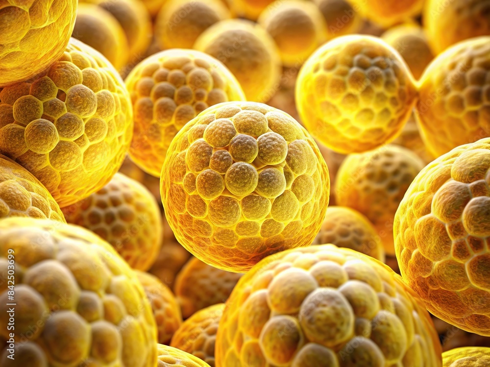 Yellow human adipose tissue cells under microscope. Fat cells with ...