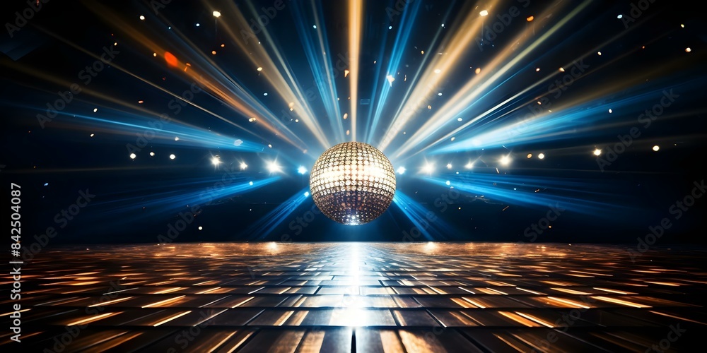 Stage at a concert during the disco era with a sparkling disco ball ...