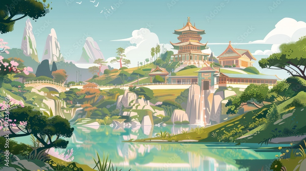 ShangriLa flat design side view utopian cartoon drawing Tetradic color ...