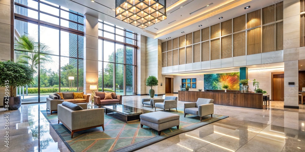 A grand, open-plan lobby with soaring ceilings, plush seating areas ...