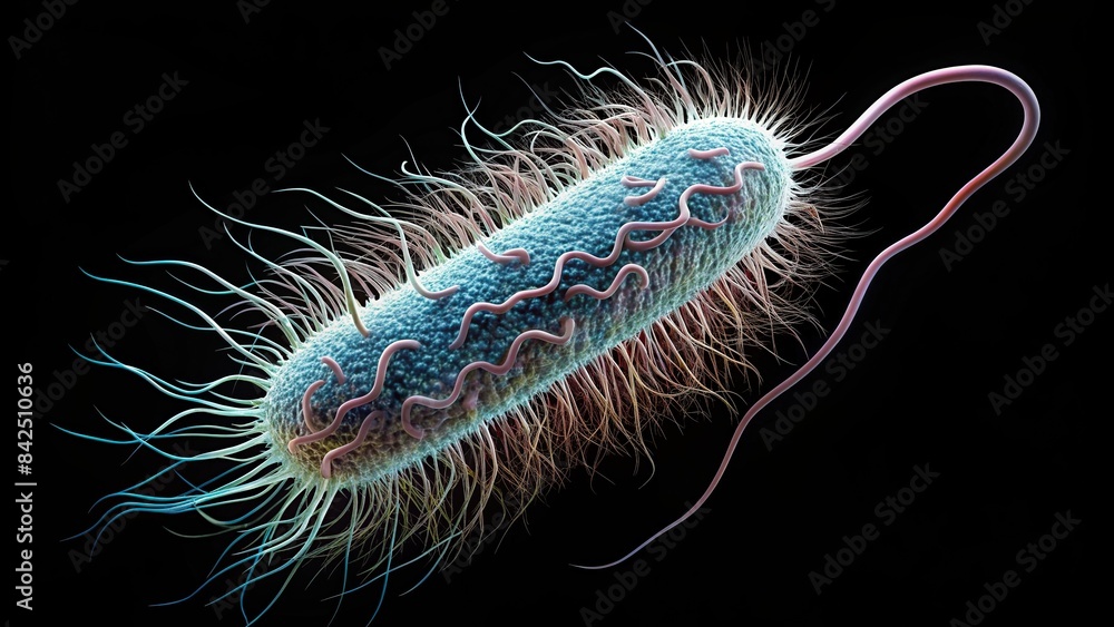 A highly detailed of a single Escherichia coli bacteria, showcasing its ...