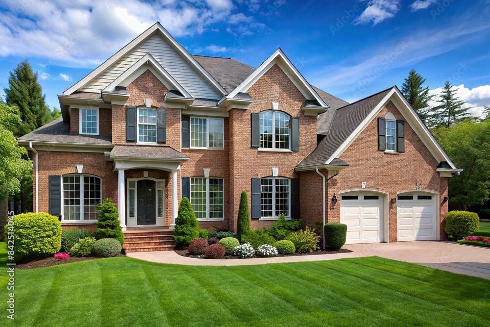 A grand, two-story brick house with a double garage, accented by ...