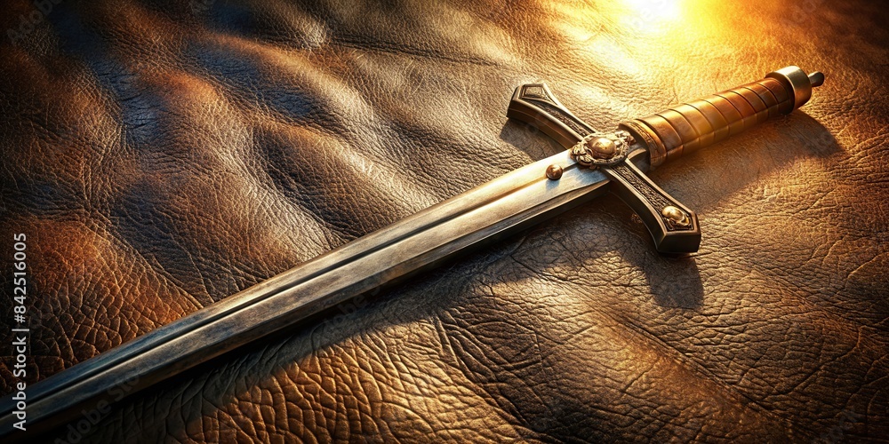 A weathered, double-edged sword with a cross guard, lying on a worn ...