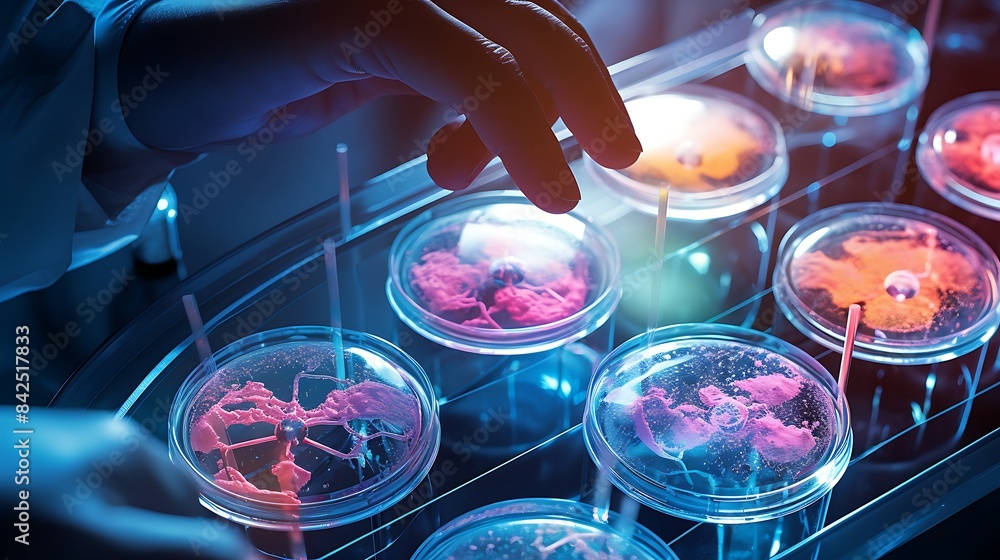 Show scientists culturing stem cells in petri dishes. Highlight cell ...