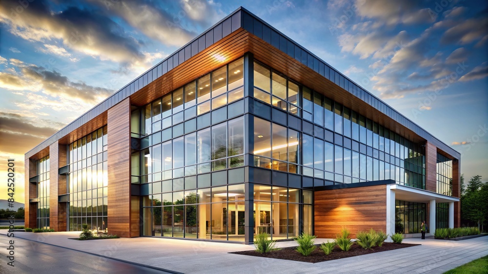 A sleek, modern commercial building with a striking facade featuring ...