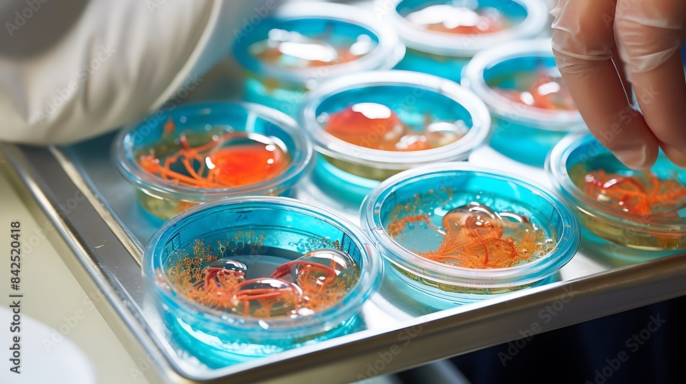 Show scientists culturing stem cells in petri dishes. Highlight cell ...