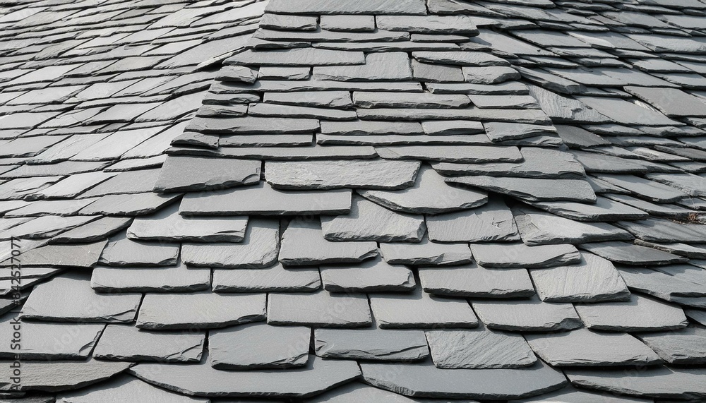 Slate stone roof in a seamless tiled pattern. Flat grey stone slabs ...