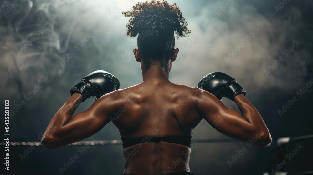 Win Fight. Back View of Black Woman Boxer Champion Celebrating Victory ...