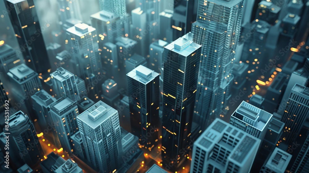 isometric cityscape, modern skyscrapers, reflective glass surfaces ...