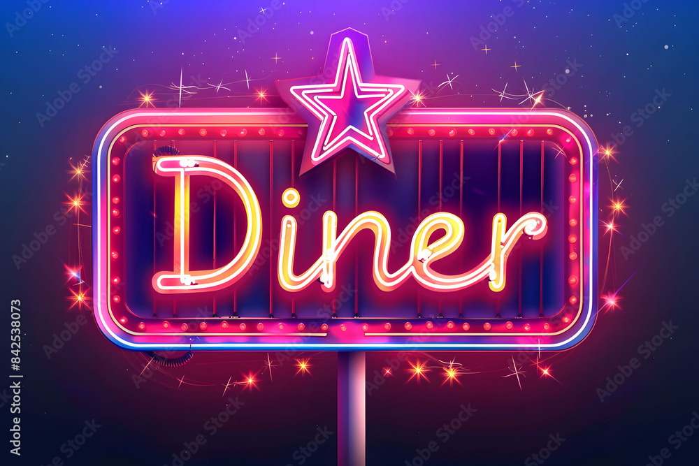 Vibrant neon diner sign glowing at night, retro 1950s style diner with ...