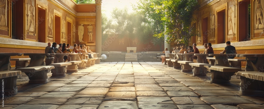 An ancient Greek classroom with students seated on stone benches ...