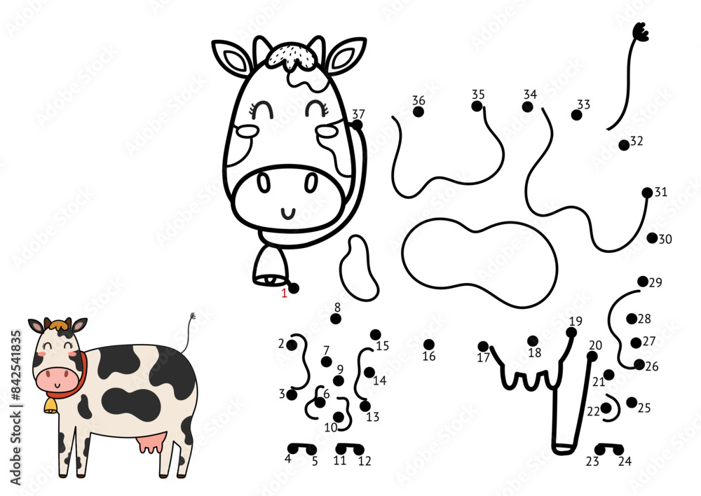 Dot to dot game for kids. Connect the dots and draw a cute cow. Farm ...
