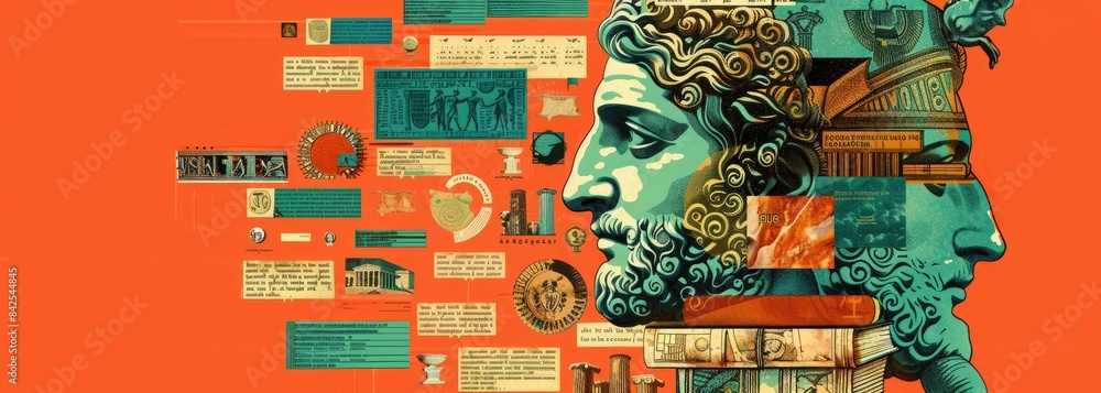 The image shows a roman emperor statue's head with mosaic texture in ...