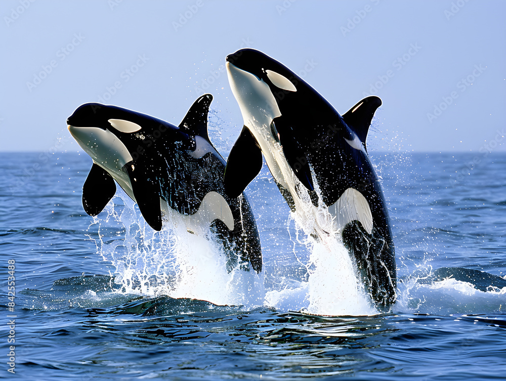 Powerful orcas leap out of the waves, showcasing their strength and ...