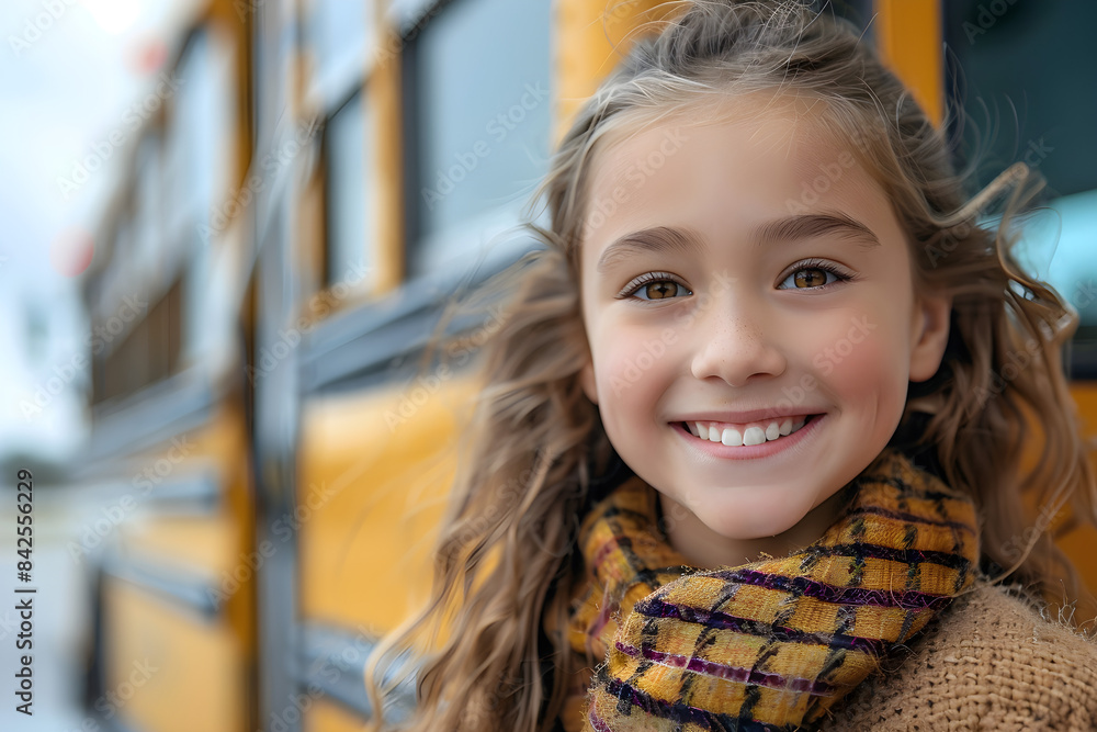 Smiling elementary student girl ready to board school bus for her ...