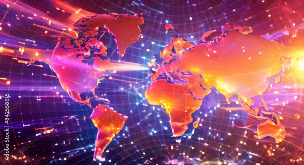 This stunning photo captures a world map adorned with bright glowing ...