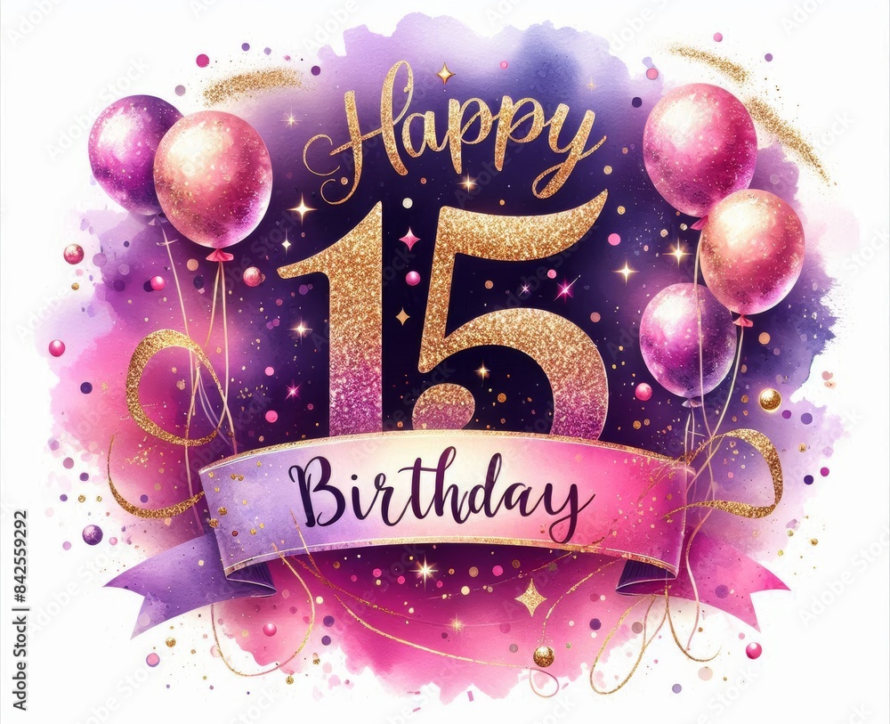 Vibrant 'Happy 15th Birthday' card featuring pink and purple balloons ...