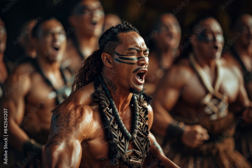 A group of Maori performing the haka at a cultural event, demonstrating ...