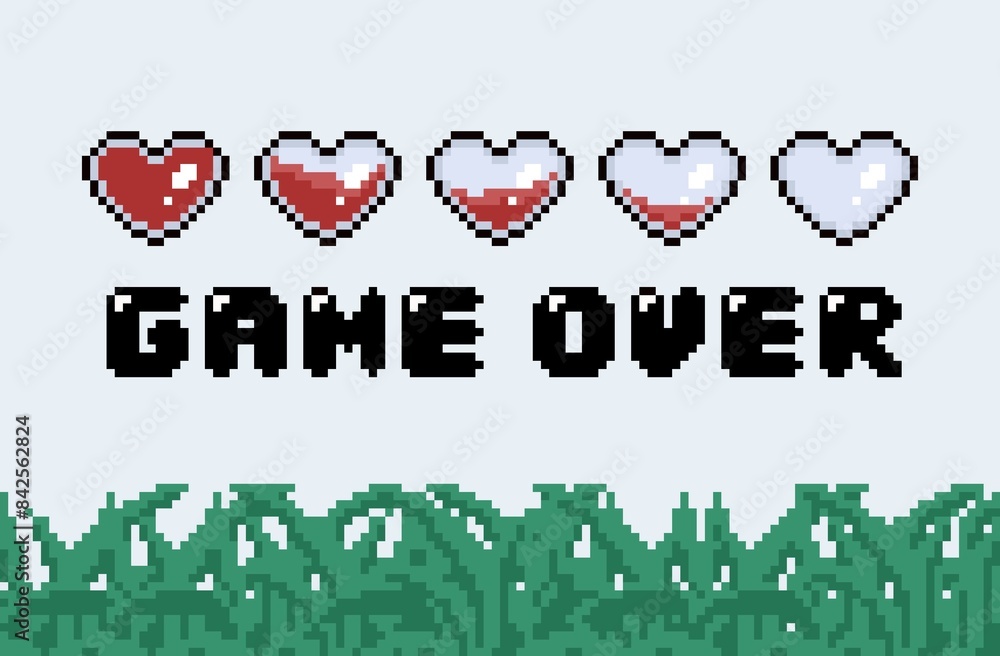 Pixel art of beautiful green plant, Game Over font, 6 red heart ...