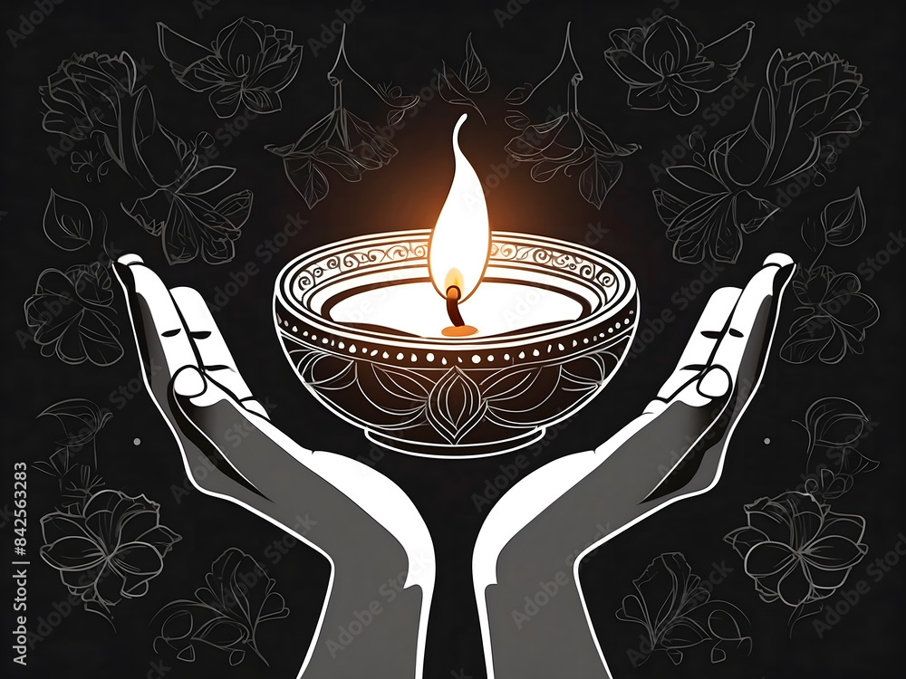 Holding Diwali oil lamp cartoon human hands outline illustration ...
