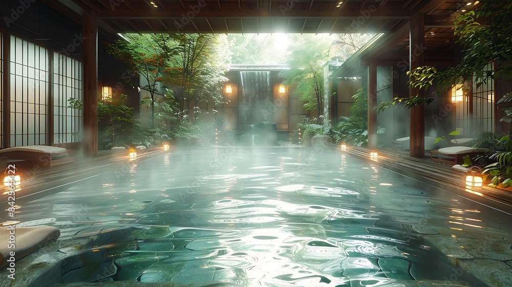 HD imagery of a serene hot spring spa, with steam rising and guests ...