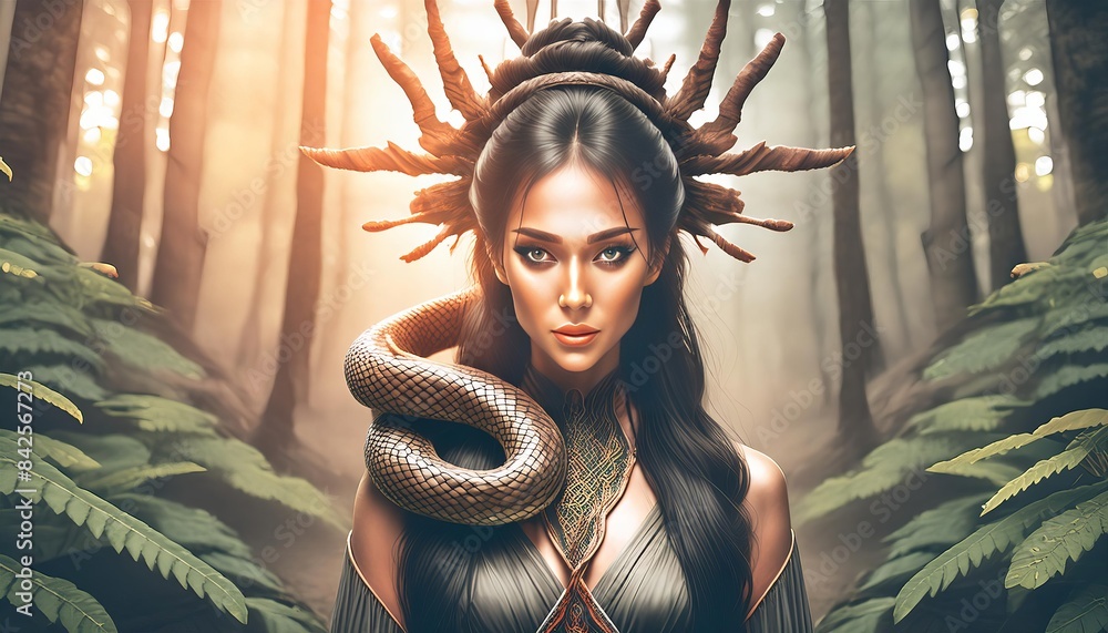 Mystical woman wearing a serpent crown, standing in an enchanted forest ...