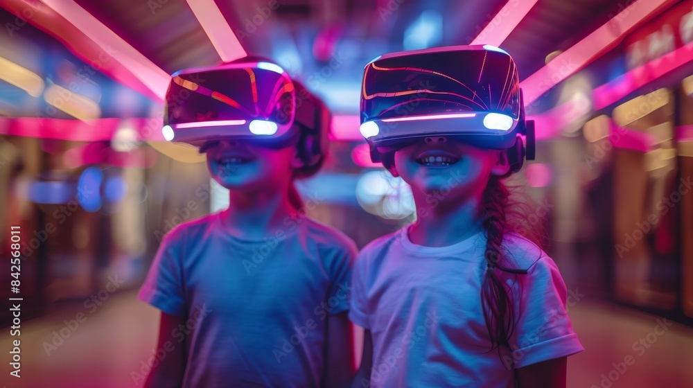 wide photo of 2 happy kids boy and girl wearing VR masks, playing ...
