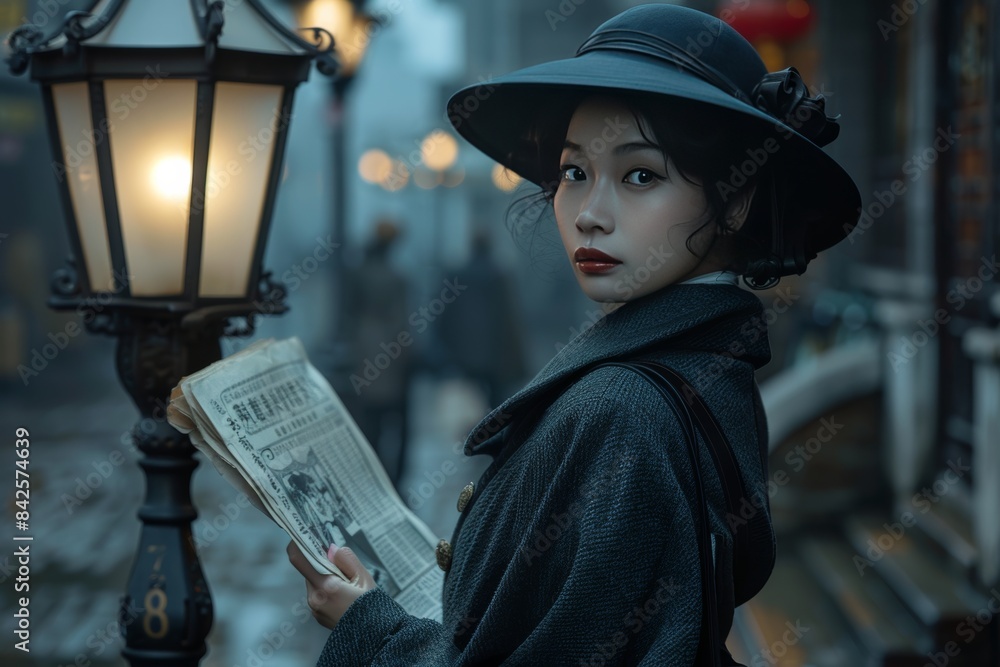 full shot, A glamorous woman, Wearing a hat and a long wool overcoat ...
