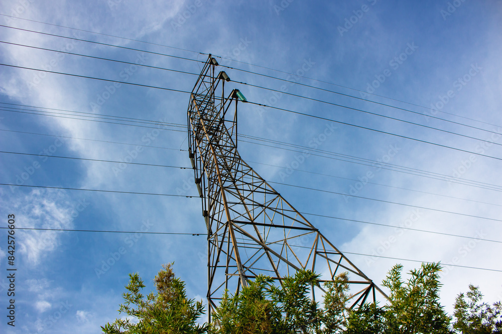 high voltage pylon against blue sky, Sute tower electric high voltage ...
