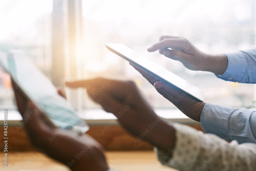 Business, phone and hands in office with tablet for networking ...