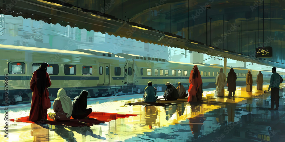 Train Station Tranquility: Muslims Praying at a Busy Train Station ...