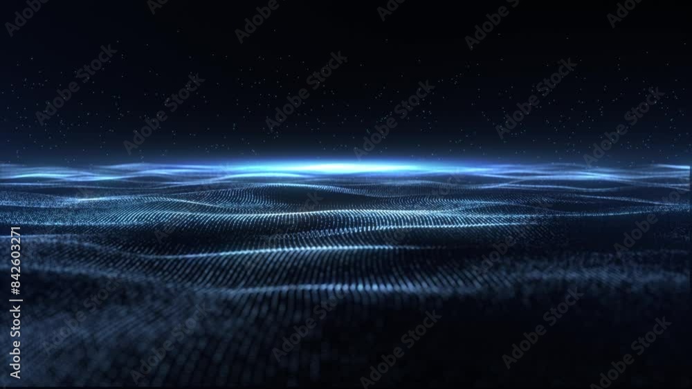 Digital particle waves emit light and flow of data points, big data visualization, futuristic or ...