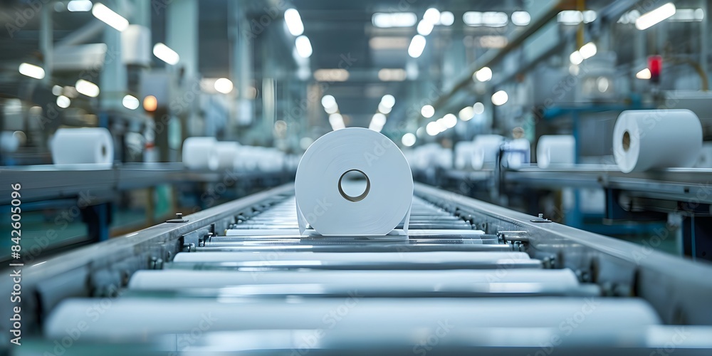 Toilet paper production in factory using machine on long conveyor belt ...