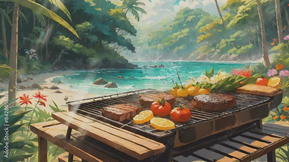 barbecue in the summer tropical beach. Seamless looping animation ...