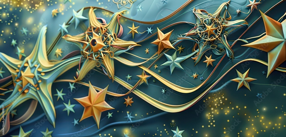 Circular arrangement of stars with intricate, flowing lines linking ...