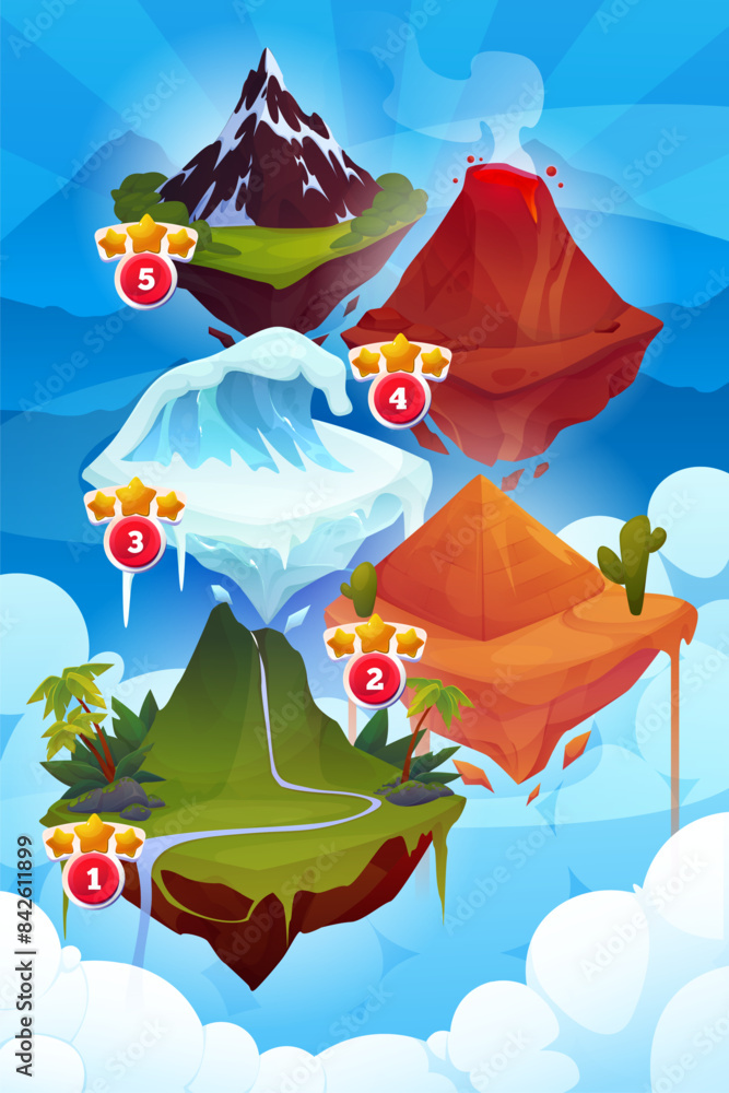 Game map island. Arcade interface. Gamers route. Mountain in sky cloud ...