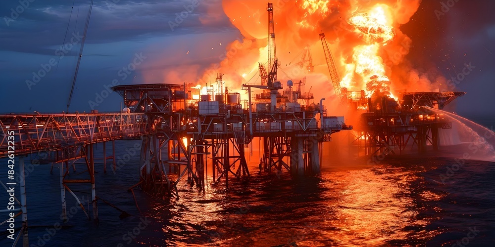 Oil rig explosion at sea causes catastrophic damage and poses emergency ...