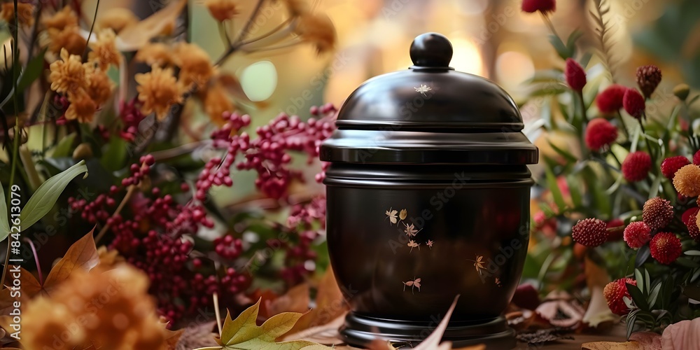 Black memorial urn holding cremated remains as farewell token at ...