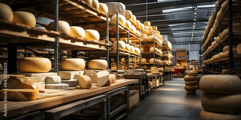 Factory production room with various cheese types aging on racks and ...